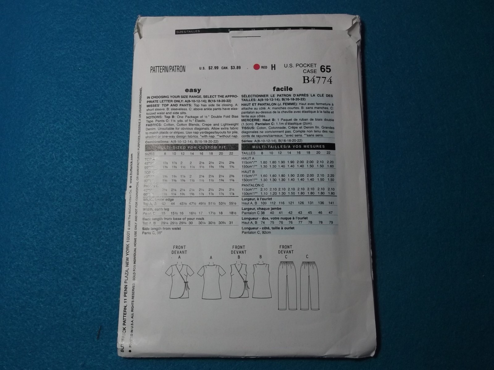 Butterick 3314 Pajamas Pants Shorts Top Pattern Plus Size 16 - 22 for ...