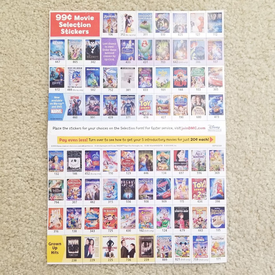 NEW Disney Movie Club 99 Cent Sticker Sheets DVD Blu-ray 2013 & 2016 ...