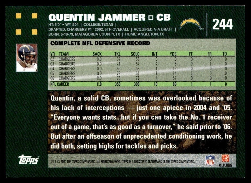 2007 Topps Quentin Jammer #244 | eBay