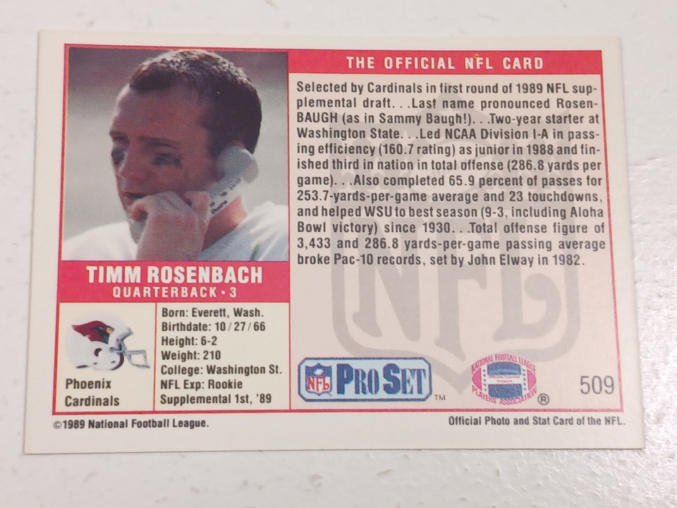Timm Rosenbach Phoenix Cardinals 1989 Pro Set Rookie Card #509 | eBay