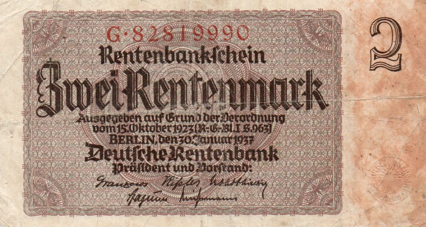 XXX-Rare genuine german 2 Rentenmark 3. reich nazi banknote 1937 fine ...