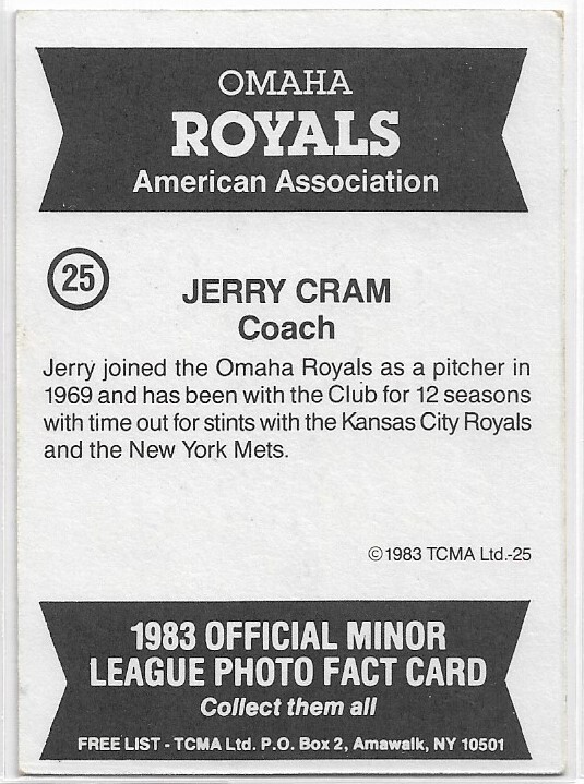 1983 TCMA Jerry Cram IP Signed Omaha Royals Coach Team Card On-Card ...