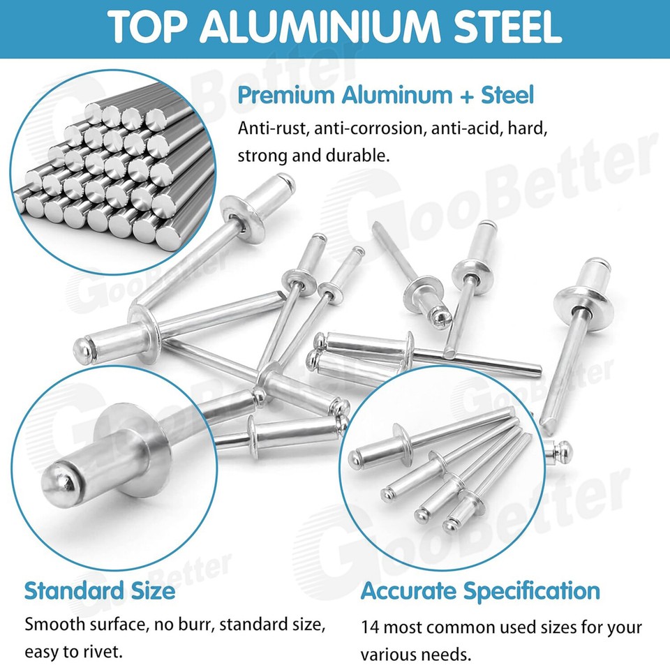 500pcs Pop Rivets Assortment Kit Aluminum Blind Rivets 14 Sizes Blind ...