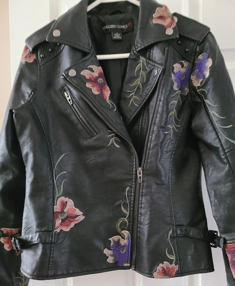 COLLEEN LOPEZ Floral Embroidered Studded Faux Leather Moto Jacket Size ...