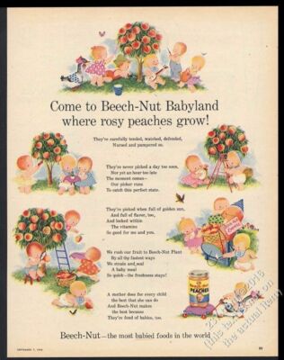 1958 Beech-Nut baby food babies playing & peach tree art vintage print ...