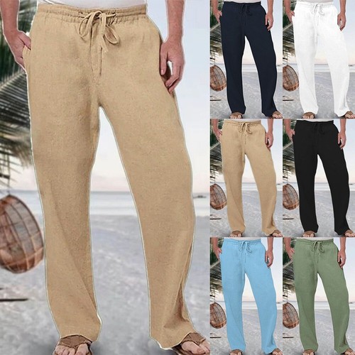Men's Solid Color Loose Fit Linen Pants Lightweight Drawstring Trousers ...