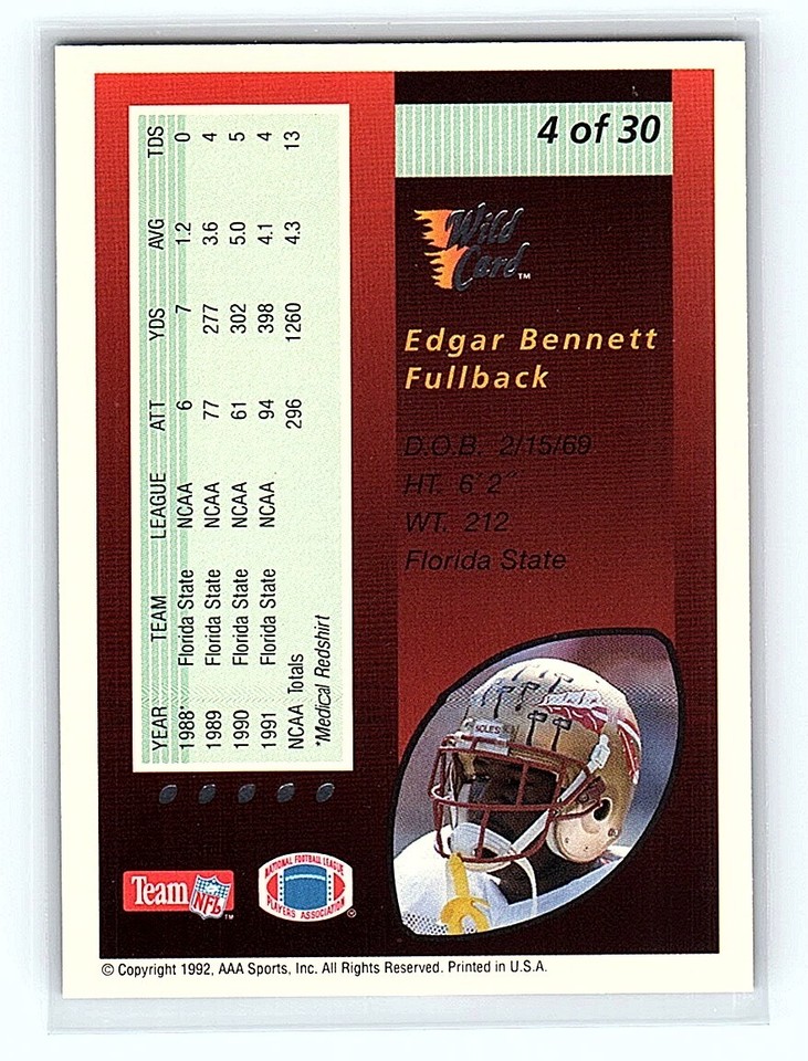 1992 Red Hot Rookies Edgar Bennett Rookie Florida State Seminoles #4 ...