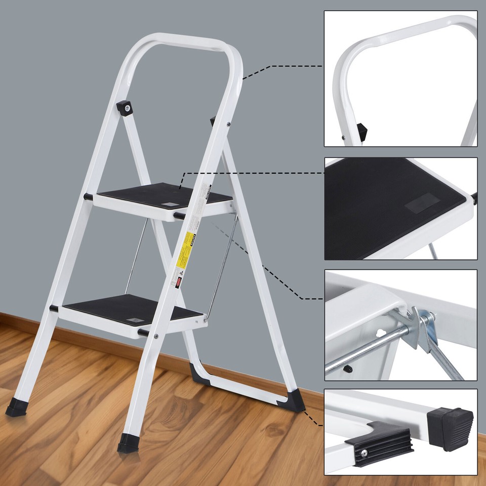 2/3/4 Step Ladder White/Grey Steel Folding Step Stool Wide Anti-Slip ...
