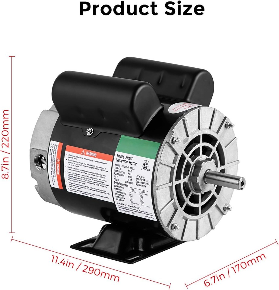 3450 RPM 115/230 Volt Air Compressor Electric Motor 2 HP 56 Frame ...