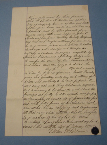 Old 1875 - MONTEREY County - Power Attorney Document - ARTHUR / JOHN ...