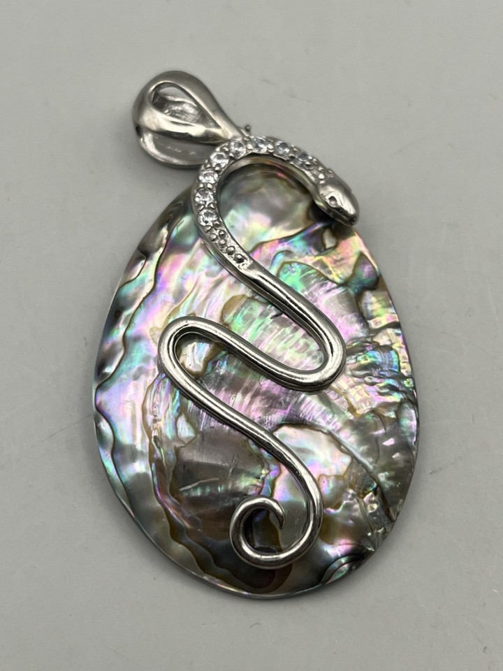 White Sapphire Silver Slithering Snake on Abalone Shell Pendant ...