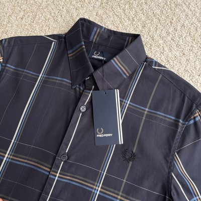 Fred Perry Enlarged Check Shirt Short Sleeve Navy Blue Mens BNWT Size ...