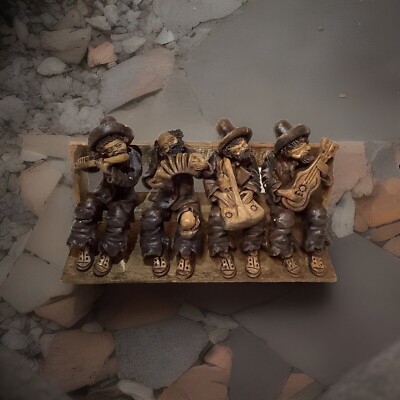 Vintage Handmade Clay Art 4 Hobos Musicians Playing On A Bench 4.5 X 9 ...