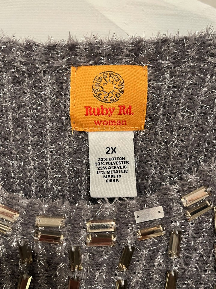 Ruby Rd Woman 2X Gray Metallic Sweater w/ Beaded Embellished Neckline ...