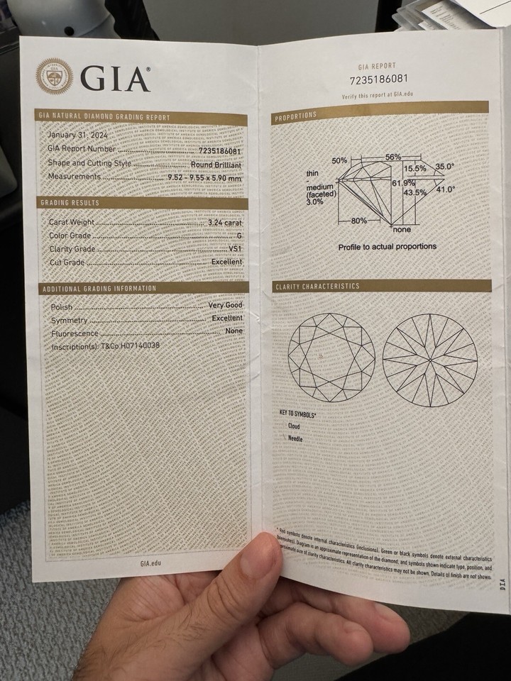 Tiffany & Co 3.24ct G VS1 Round Diamond Solitaire Engagement Ring 200k ...