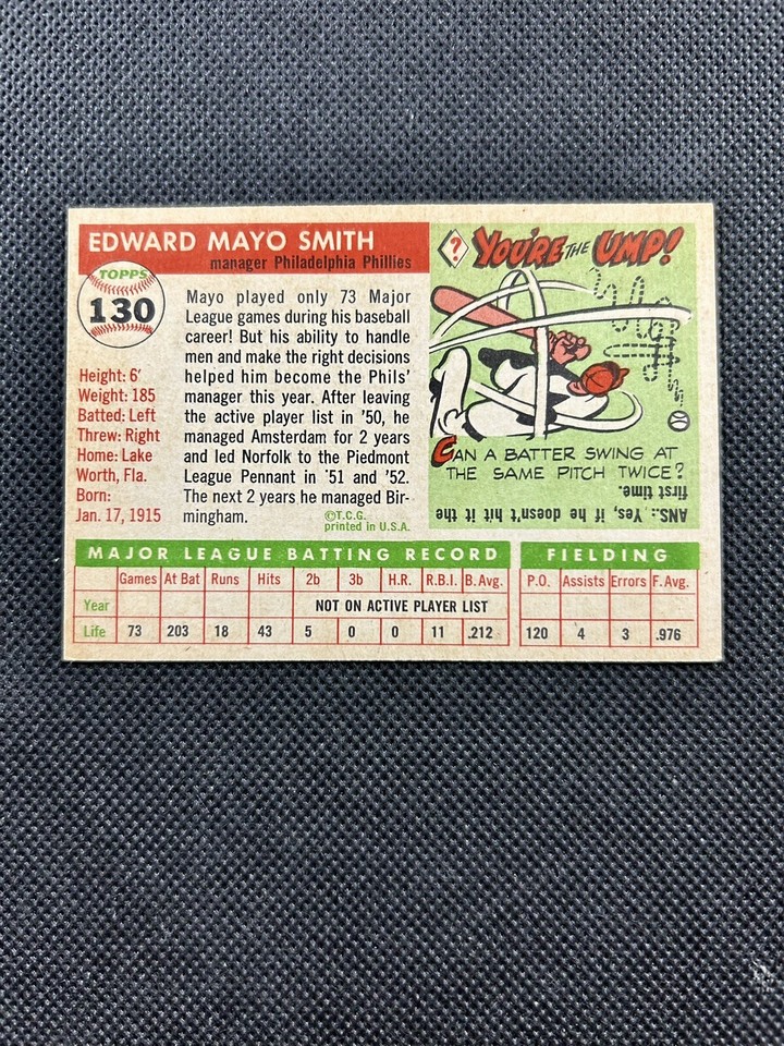 1955 Topps #130 Mayo Smith Philadelphia Phillies high-end NM B59#130A1 ...