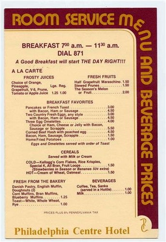 Philadelphia Centre Hotel Room Service Menu and Beverage Prices ...