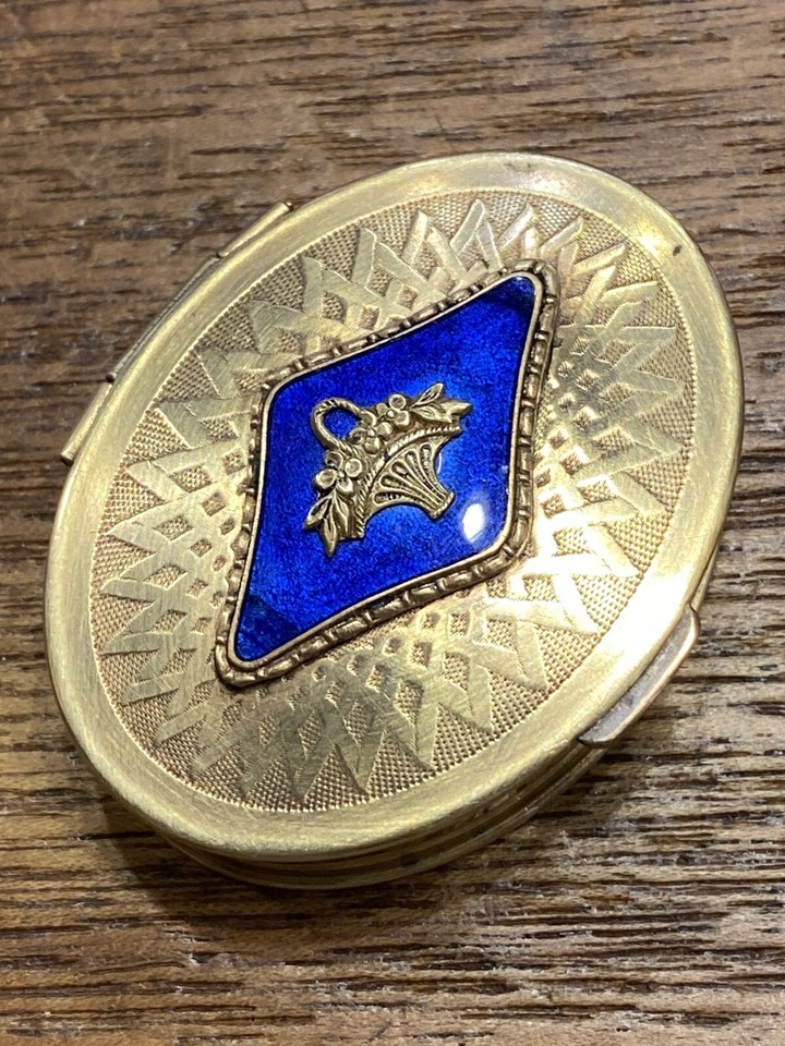 antique vintage pill box compact case snuff brass guilloche blue enamel ...