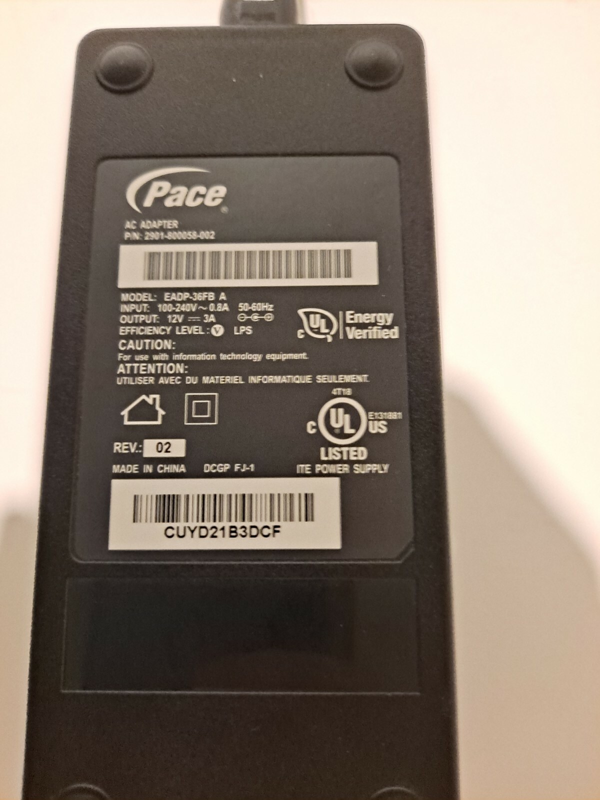 Pace Power Supply Model EADP-36FB, AC Adapter 12V, 3.0A - Tested Works ...