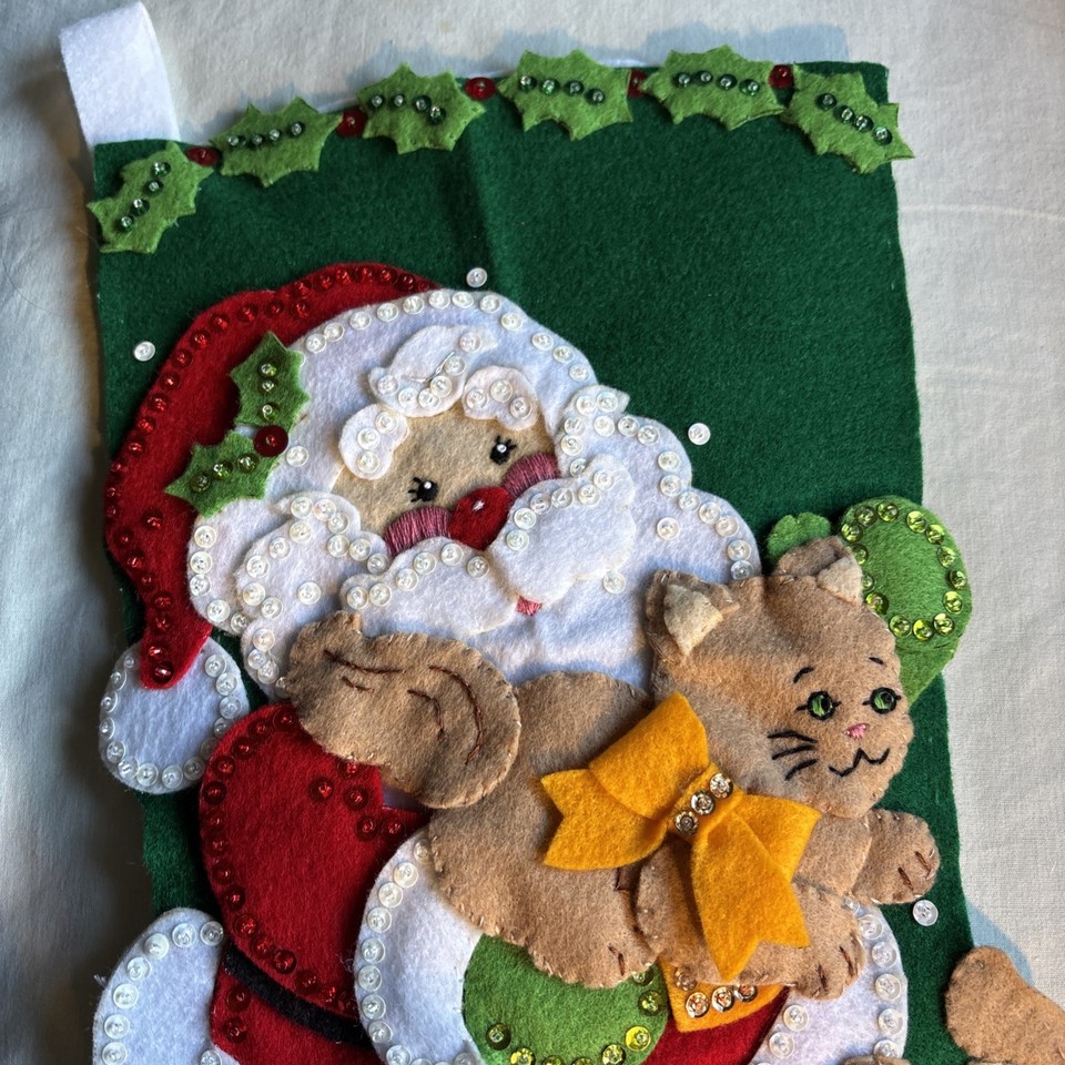 FINISHED Bucilla Felt Applique Sequin Christmas Stocking Santa W/pets ...