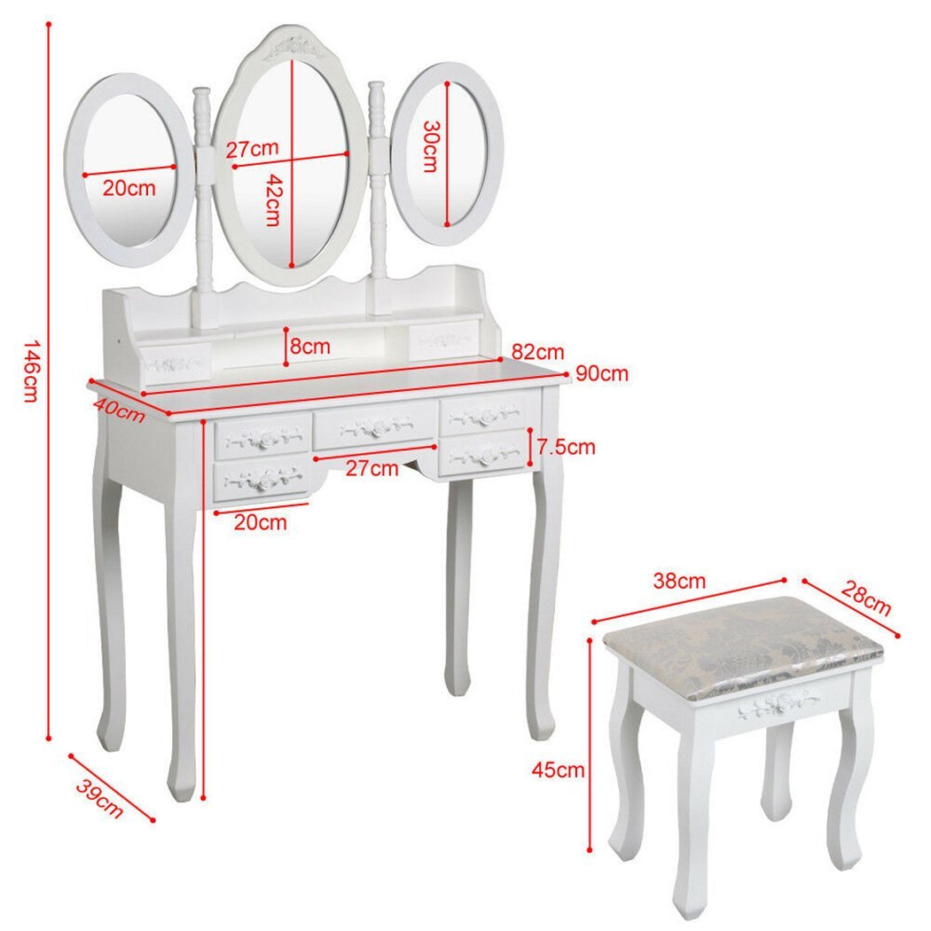 Dressing Table Mirror Stool Set Girls Vanity Makeup Desk Drawer ...