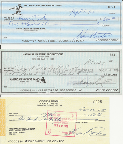 BASEBALL Hall of Famers Signed 7 Checks Winfield SNIDER Perry JENKINS ...