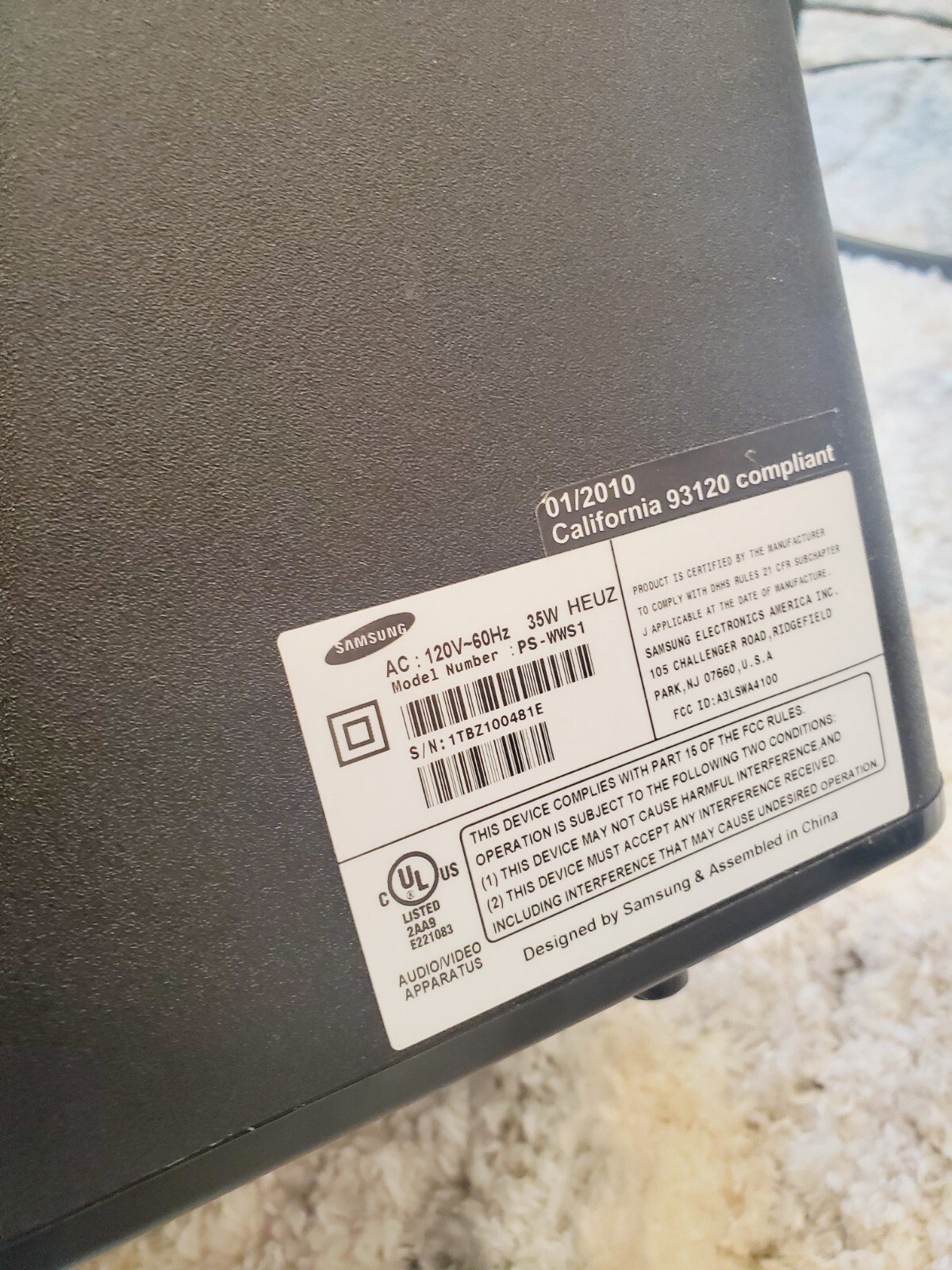 Samsung Ps-wws1 Wireless & Active Subwoofer Home Theater Surround Sound ...