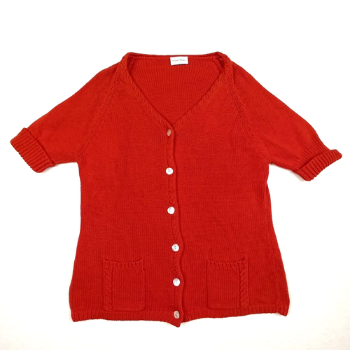 Peter Hahn Womens Cardigan XL - 42 Red Cotton Heavy Chunky Knit Sweater ...
