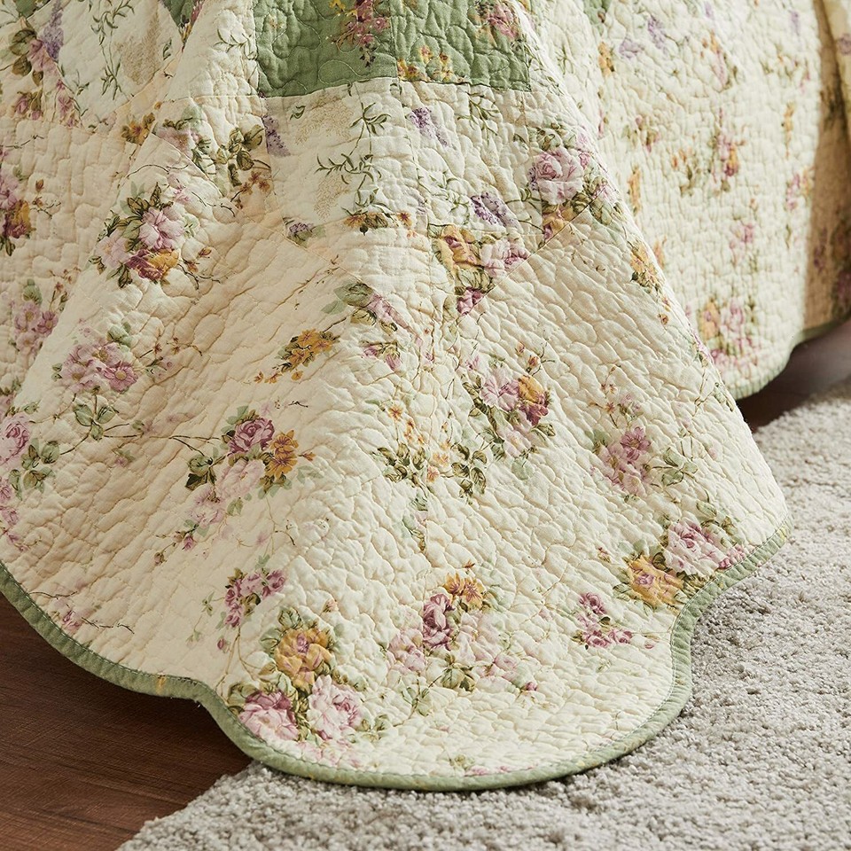 Green Ivory Pink Floral Country 3 pc Cotton Quilt Set Twin Full Queen ...