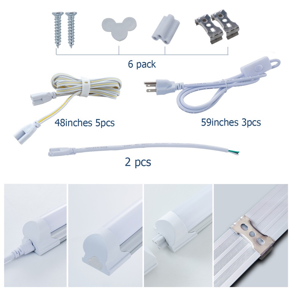 4FT 6 Pack LED Shop Light T8 Linkable Ceiling Tube Fixture 24W Daylight ...