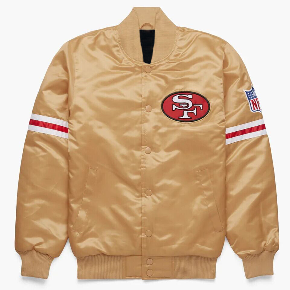 Men's SF 49ers Varsity Beige Satin Full-Snap Bomber Style Varsity ...