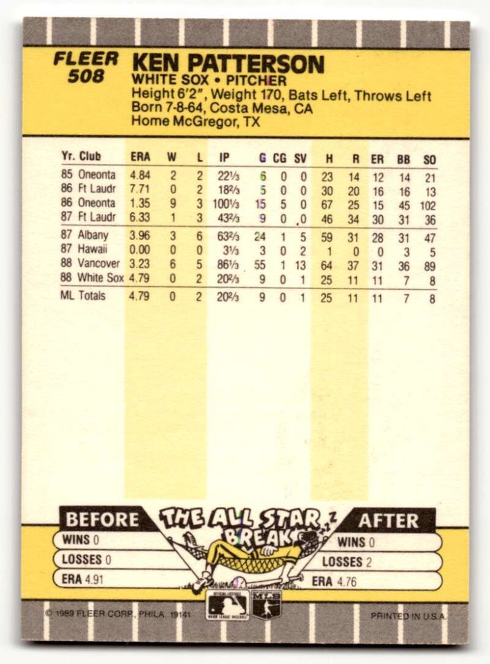 1989 Fleer #508 Ken Patterson Chicago White Sox Baseball Cards EX/NM ID ...