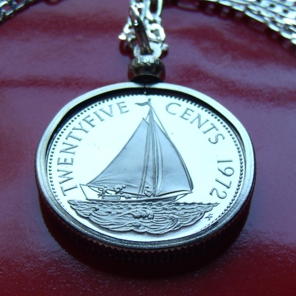 1972 Bahamas Proof Sail Boat Coin Pendant on a 22" .925 Sterling Silver ...