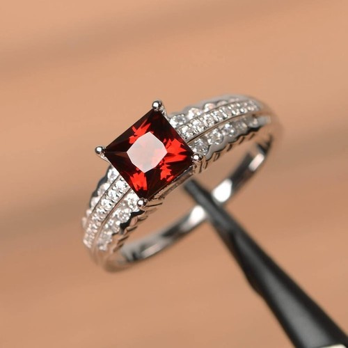 Princess Cut Natural Garnet 925 Sterling Silver Art Deco Wedding ...