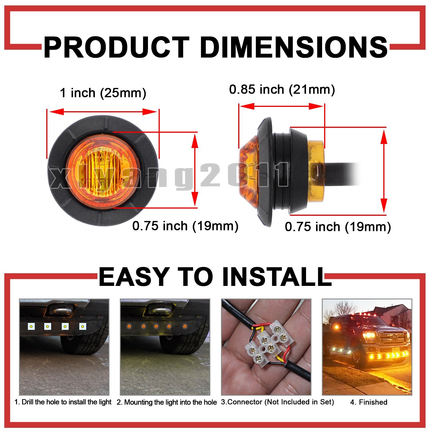 4 PCS 12V 3/4" Mini Round 3 LED Amber Assembly Side Marker Light Bus ...