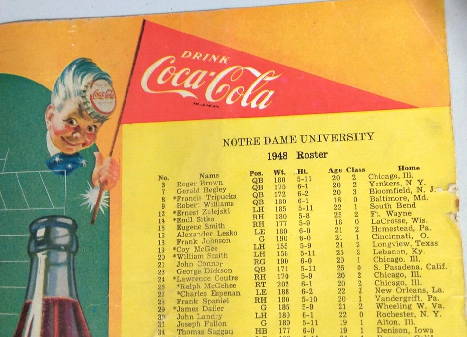 1948 Notre Dame vs Iowa Football Roster Coca Cola Chesterfield ...