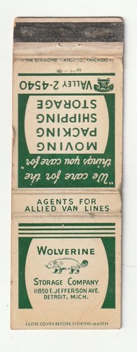 MATCHBOOK COVER - WOLVERINE STORAGE - DETROIT MICHIGAN - JOYCE BROS ...
