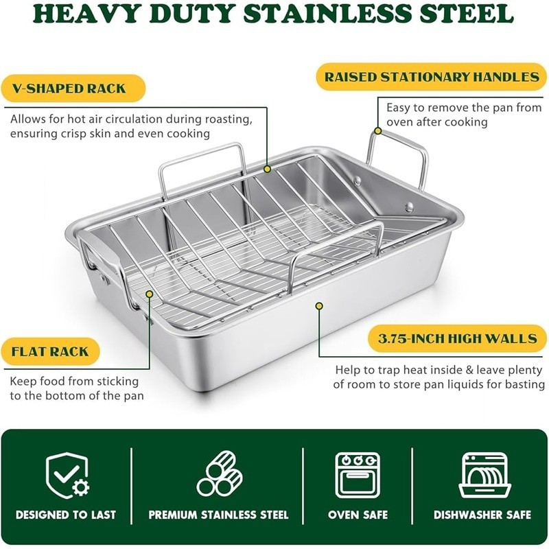 Heavy Duty Stainless Steel Roasting Pan W/ V-Shaped Rack Turkey & Meats ...