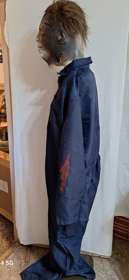 Halloween Slasher Stabber Costume XL Blue Coveralls Face Mask Plastic ...