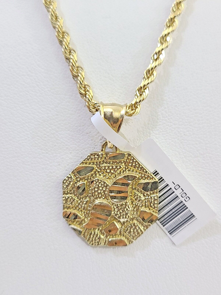 10k Gold Rope Chain & Octagonal Nugget Charm Pendent SET 3mm 22Inches ...