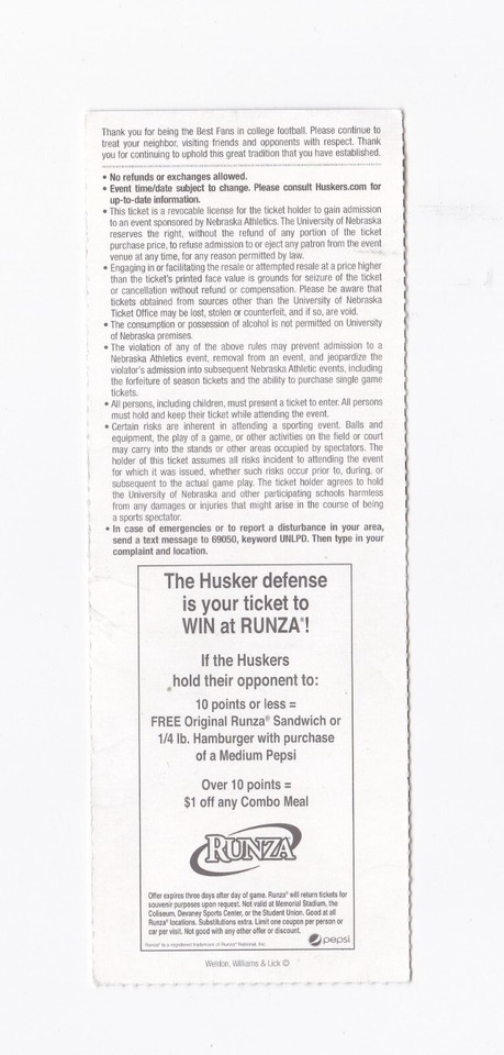 Nebraska Cornhuskers Husker Football Ticket Stubs 09-17-2011 Washington ...