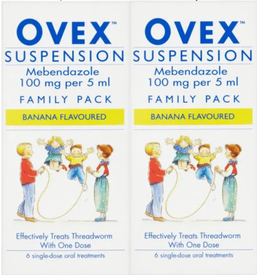 2 X Ovex Suspension Family Pack 100mg/5ml -Treats Threadworm - 30 ml ...