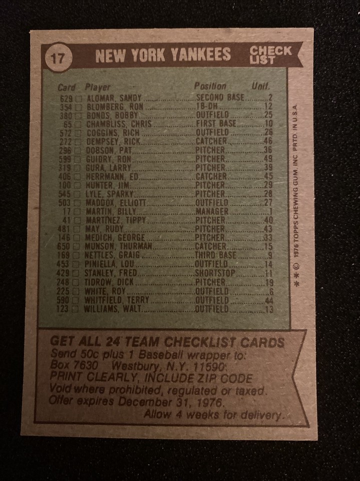 1976 Topps - YANKEES Team list #17 Billy Martin MINT-NM | eBay