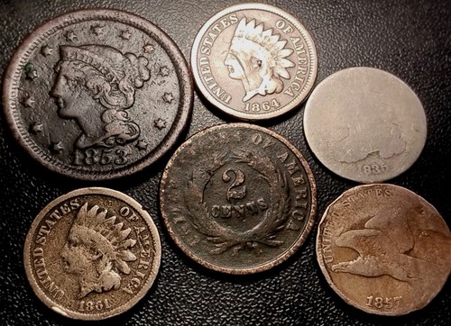 6 Coins 3 Civil War Indian Cents 1835 Capped Bust Silver 1853 Large ...