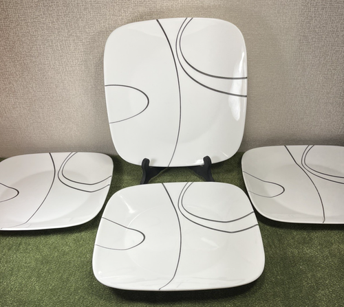 Corelle SIMPLE LINES Set of 4 Square Dinner Plates White w/Black Curved ...
