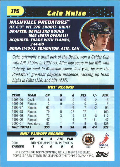 2001-02 Topps #115 Cale Hulse | eBay