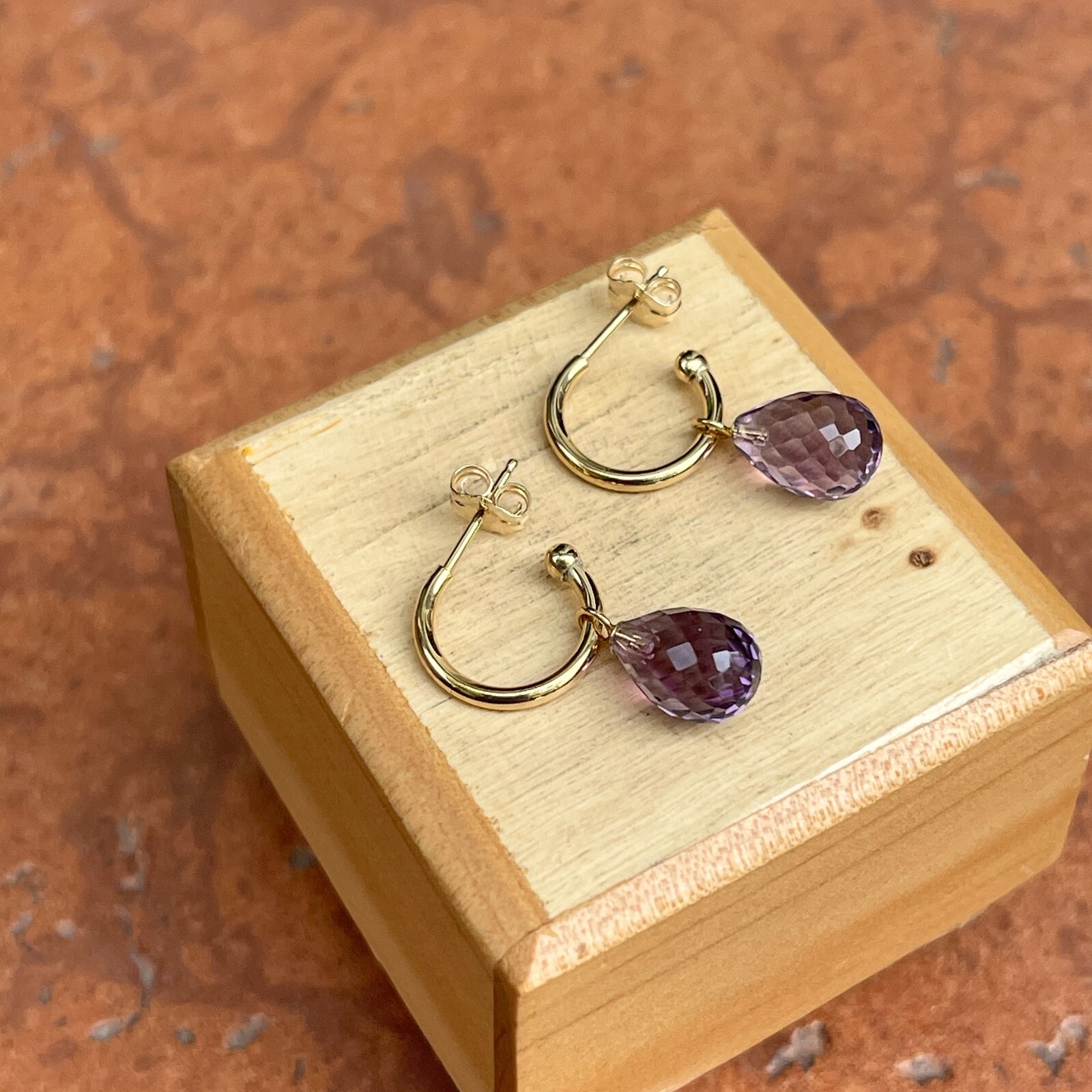 14K Yellow Gold Teardrop Briolette Amethyst Charm Hoop Earrings Interchange | eBay