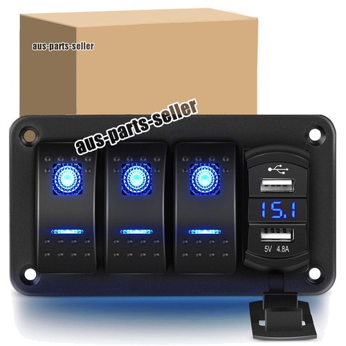 3 Gang Toggle Rocker Switch Panel USB Car Boat Marine RV Truck Blue LED ...