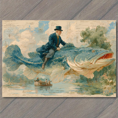 POSTCARD Man Riding Flying Fish Top Hat River Adventure Giant Catch ...