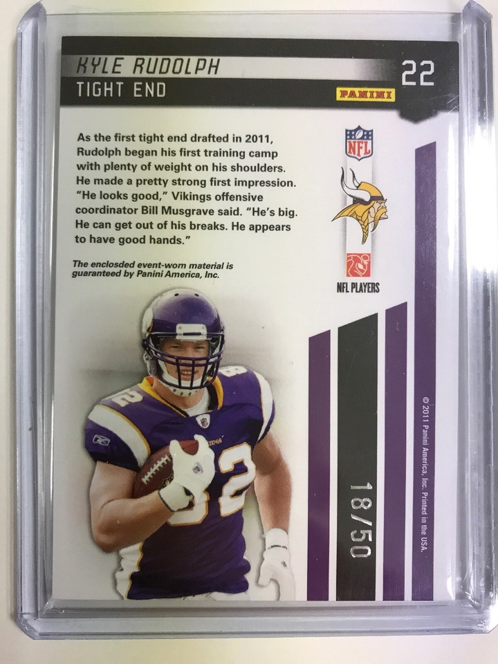 Kyle Rudolph 18/50 2011 Panini Certified Prime Rookie 3 Color Patch ...